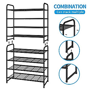 Simple Trending 4-Tier Stackable Shoe Rack, Expandable & Adjustable Shoe Organizer Storage Shelf, Wire Grid, Black