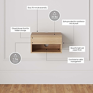 Nathan James Jackson Wall Mounted Floating Bedroom Nightstand with Storage Drawer and Modern Open Shelf Cubby, Light Oak Wood
