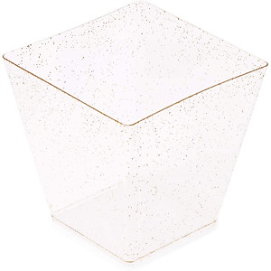 120 Pieces 7.5 oz Mini Dessert Cups with Spoons, Serves 60 Disposable Square Plastic Shooter Appetizer Parfait Bowl and Small Spoon Set, Clear Gold Glitter