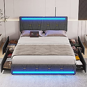 ADORNEVE Queen Bed Frame with 2 USB Charging Station, LED Lights Headboard Footboard, Upholstered Platform Bed with Storage Drawers, No Box Spring Needed, Dark Grey