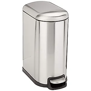Amazon Basics 10 Liter / 2.6 Gallon Soft-Close, Smudge Resistant Trash Can with Foot Pedal for Narrow Spaces - Brushed Stainless Steel