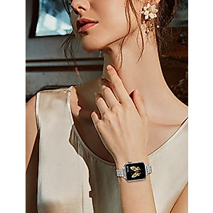 MioHHR Slim Metal Band Compatible with Apple Watch Band 41mm 40mm 38,mm,Dressy Stainless Steel Chain Strap for Women iWatch Bands Series 9 8 7 6 5 4 3 2 1 SE,Silver