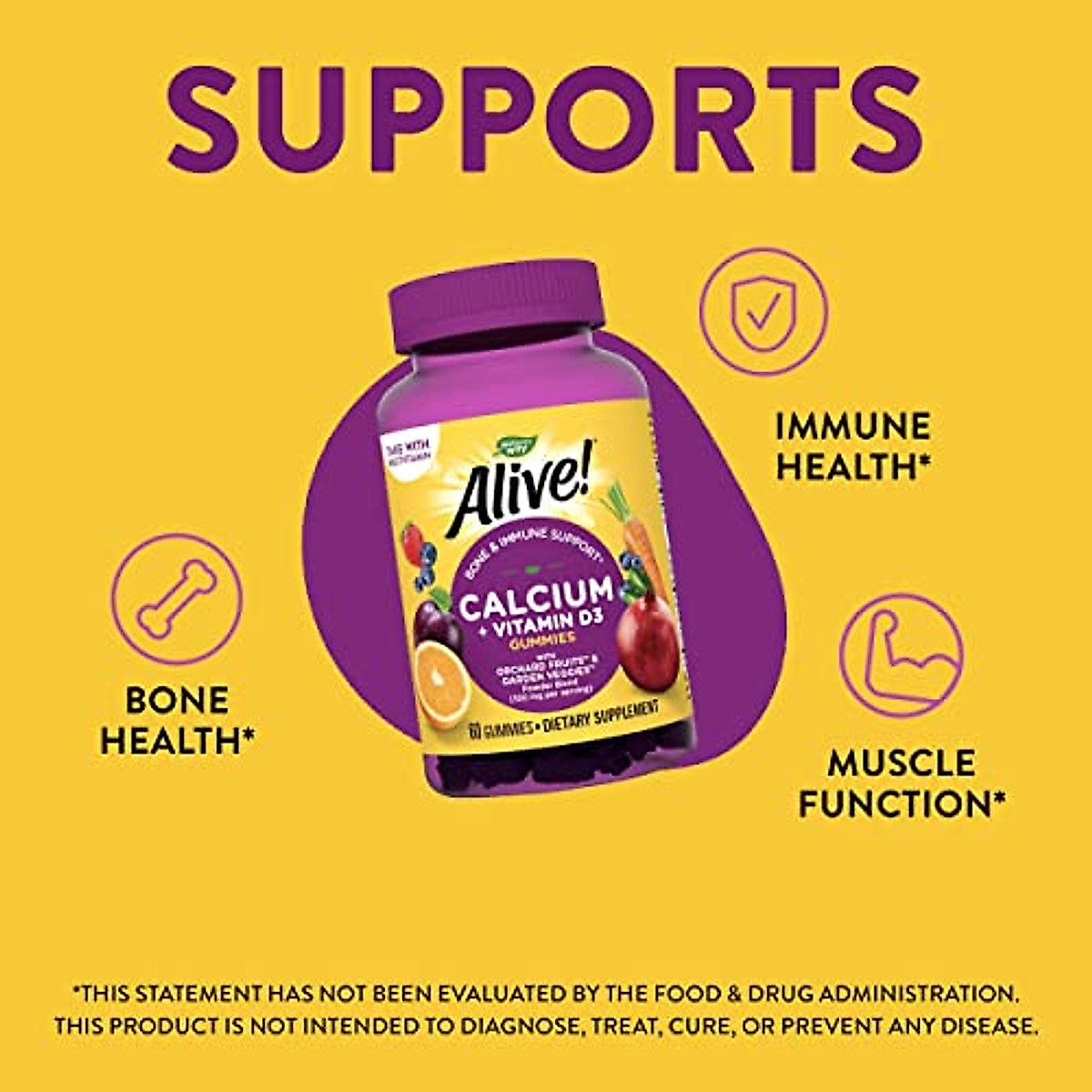 Nature's Way Alive! Premium Calcium + D3 Gummies, Supports Healthy Bones & Muscles*, Strawberry and Raspberry Lemonade Flavored, 60 Gummies