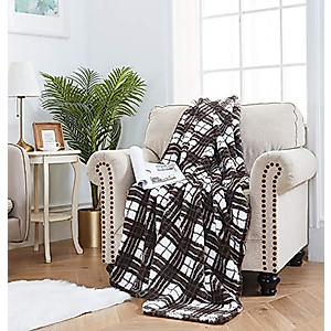 ELLE HOME Oversized Sherpa Throw - Soft Warm Flannel Fleece Blanket, for Bed and Couch - Oversized Throw 50" X 70", Black and White Plaid