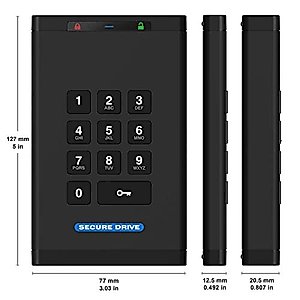 SecureData SecureDrive KP 5TB Hardware Encrypted USB 3.0 External Drive FIPS 140-2 Level 3 Unlock via Keypad TAA Compliant, CJIS, HIPAA, CMMC, GDPR Compliant, Works with Mac and Win Free AV