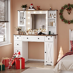 DICTAC Makeup Vanity Desk with Mirror and Lights, Farmhouse Vanity Table with Charging Station, 43'' Bedroom Dressing Table with 6 Drawers & 2 Cabinets, 3 Color Lighting Modes, White