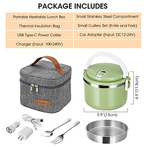 AIEVE Electric Lunch Box, USB Powered Portable Food Warmer for Car Truck with Bag Spoon and Fork, 12V/24V/110V, 35-Ounce