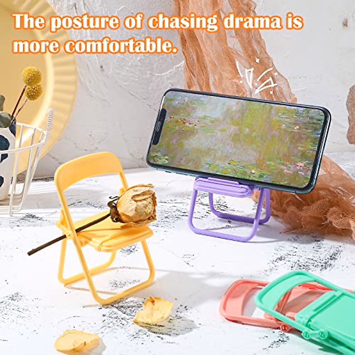 8 Pieces Mini Chair Shape Cell Phone Stand Foldable Universal Candy Color Mobile Phone Holder Multi Angle Cradle for Desk Tablet Phone Multi Functions Convenient Phone Stand