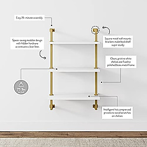 Nathan James Theo 3-Shelf Small Bookcase, Floating Wall Mount Bookshelf with Wood and Industrial Pipe/Metal Frame, White/Brass Gold