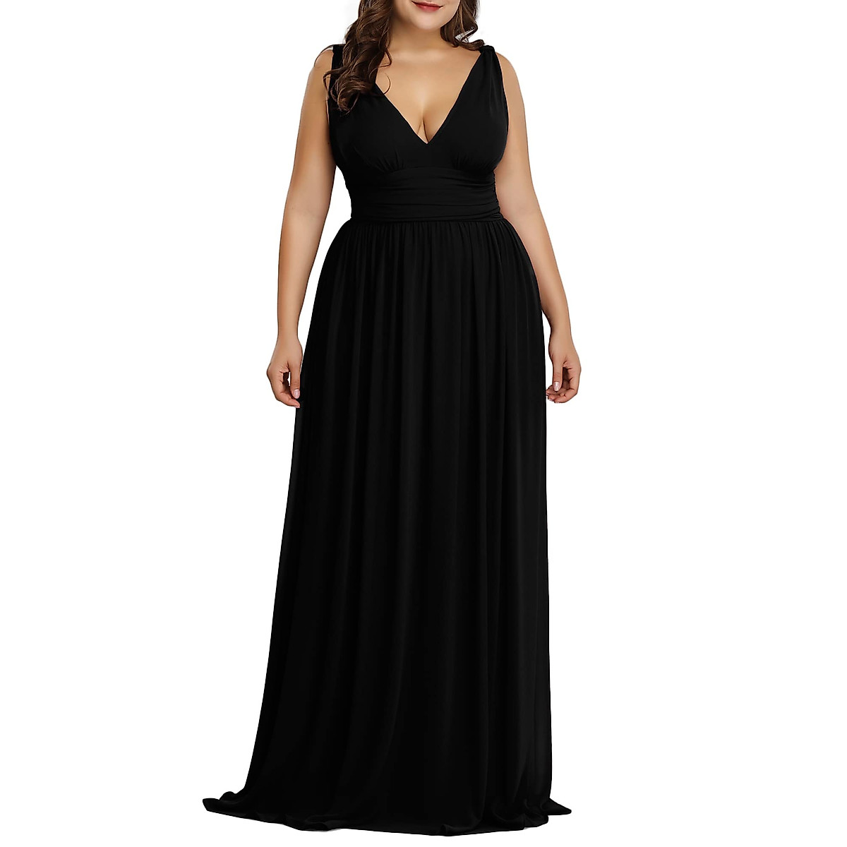 Ever-Pretty Women's Plus Size V-Neck Pleated Chiffon Maxi Semi-Formal Dress Bridesmaid Dresses Black US18