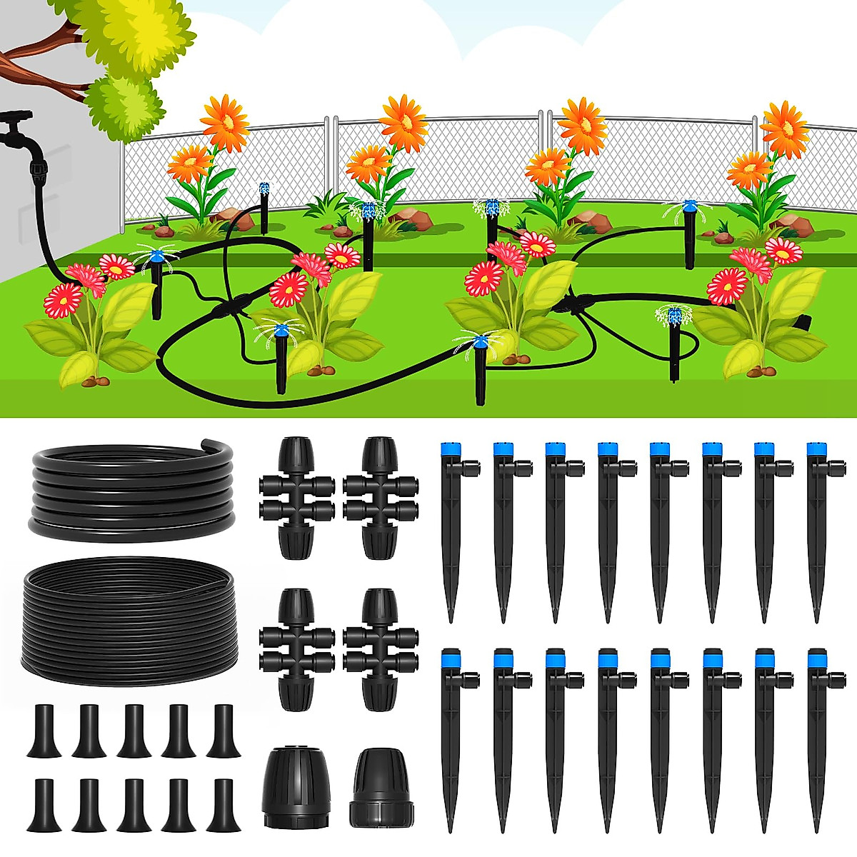 MIXC Drip Irrigation System, 95FT Quick Efficient Connector Garden Irrigation System Plants Watering System For Lawn Patio Raised Bed Automatic Irrigation Equipment With 1/2''&1/4"Tubing,Drip Emitters