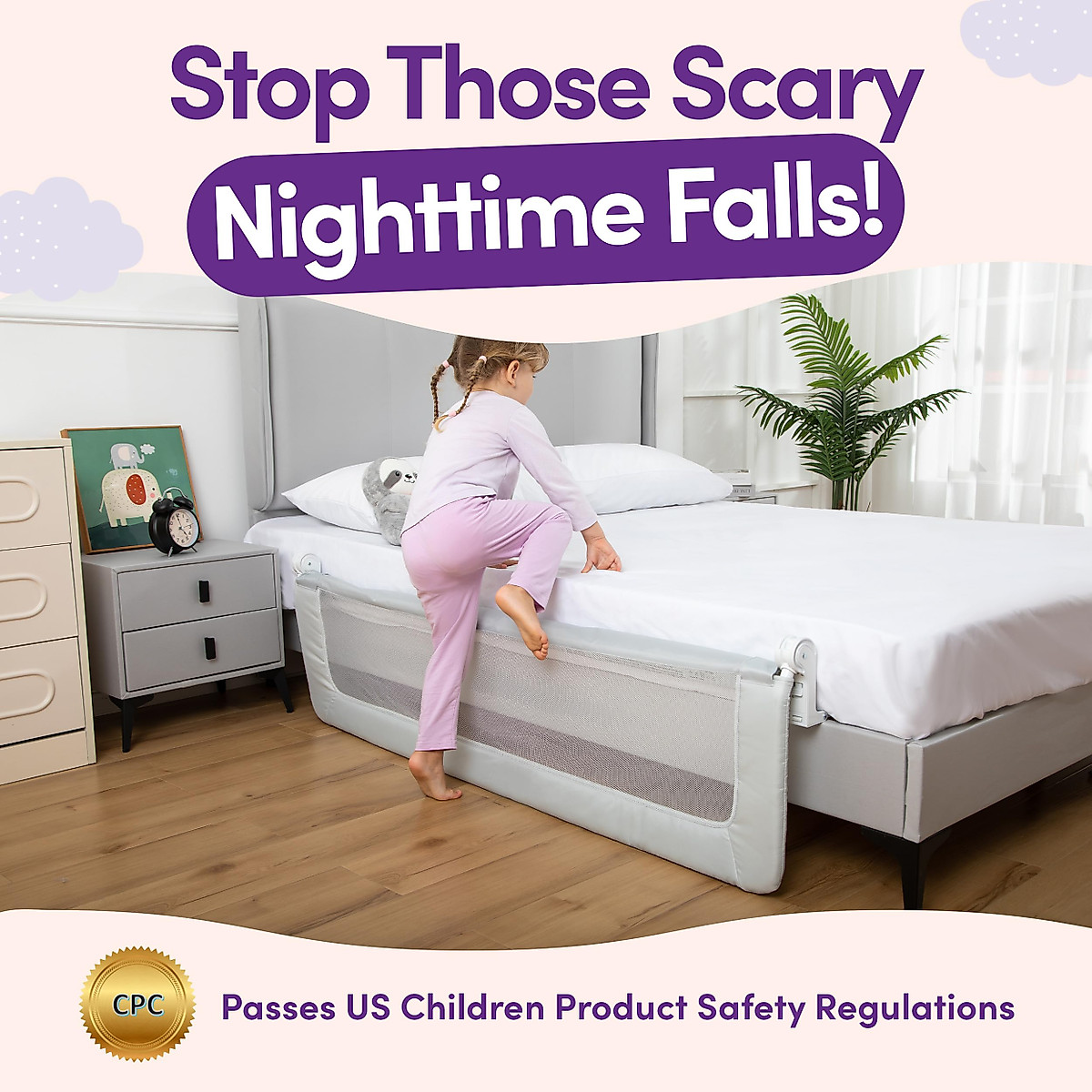 Bed Rail for Toddlers - Extra Long Toddler Bedrail Guard for Kids Twin, Double, Full Size Queen & King Mattress - Baby Bed Rails for Children (Grey XL)