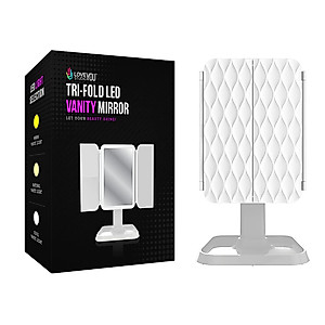 LOVE YOU Studio Makeup Mirror with LED Lights for Makeup Desk - Lighted Makeup Mirror with Magnification - Tri-Fold Personal Light Mirror with Stand