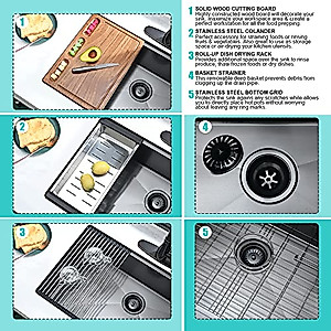 28 Black Undermount Kitchen Sink - iAnomla 28 Inch Black Stainless Steel Undermount Workstation Sink 16 Gauge Deep Single Bowl Matte Black Kitchen Sink with Cutting Board