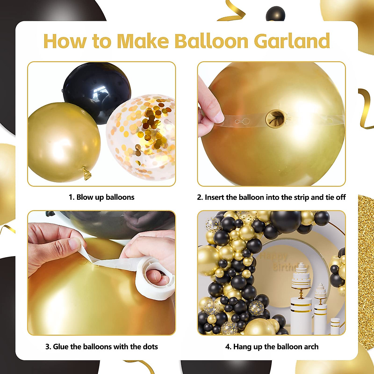 KAWKALSH 137Pcs Black and Gold Balloons Garland Arch Kit, Metallic Gold Confetti Latex Balloons for Graduation Party Baby Shower Wedding Anniversary Birthday Party Decorations…