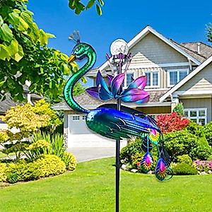 Solar Peacock Wind Spinner, Flower Wind Spinners, Peacock Statue Metal Kinetic Wind Sculpture for Outdoor Yard Patio Garden Decorations-47inch