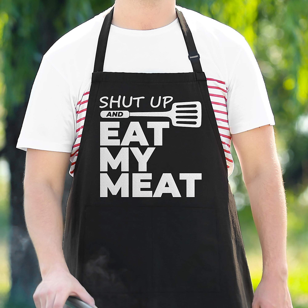 Funny BBQ Apron for Men - Shut Up And Eat My Meat - Adjustable Large 1 Size Fits All - Poly/Cotton Apron with 2 Pockets - BBQ Gift Apron for Father, Husband, Chef