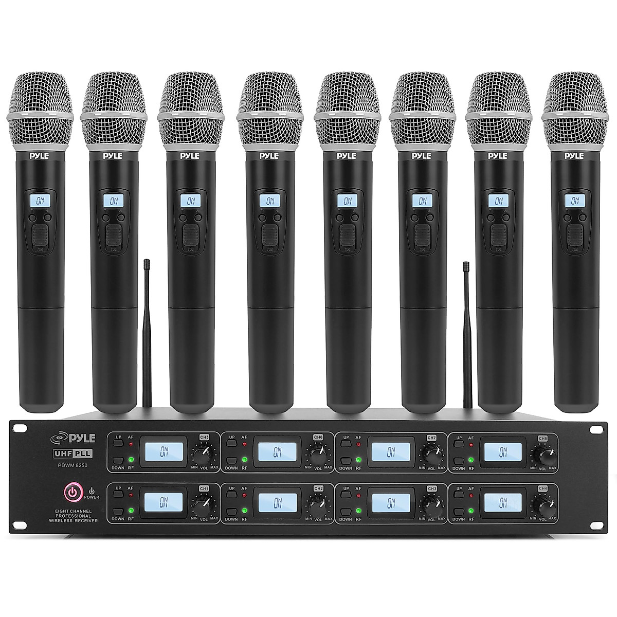 Pyle Professional 8 Channel UHF Wireless Microphone System 8 Handheld Mics Rack Mount Receiver Base RF & AF Radio/Audio Frequency Digital Display Independent Channel Volume Control (PDWM8250),Black