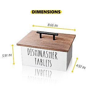 Dishwasher Pod Container, Farmhouse Dishwasher Pods Holder, Kitchen Tablet Organizer, Wood Dishwasher Tablet Dispenser Caddy, Rustic Powder Coated Box with Lid