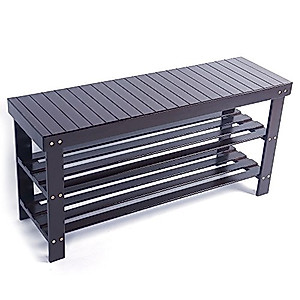 Karl home 3-Tier Bamboo Shoe Rack Bench, Entryway Shoes Storage Shelf Organizer Holds 550 LBS, Shoes Change Benches for Front Door Bathroom Hallway Bedroom Living Room 35.4 x 11 x 17.7 Inches Coffee