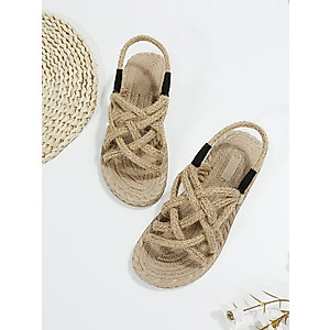 GORGLITTER Women's Criss Cross Strap Sandals Slingback Summer Beach Straw Flats Khaki CN41