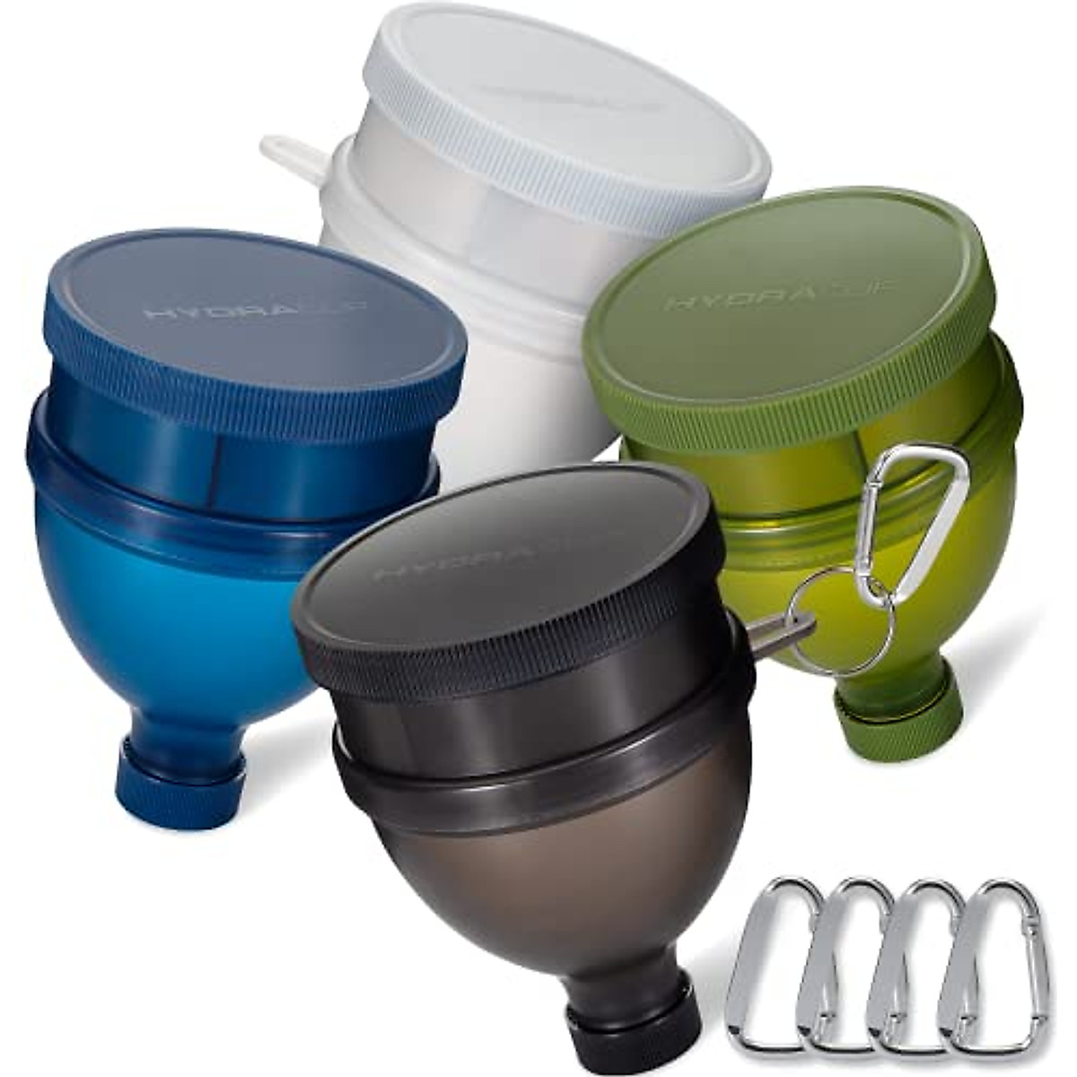 Hydra Cup [4 Pack] - Funnels for Filling Bottles with Protein Powder & Three Compartment Pill Storage, Supplement Container & Dispenser, Use w/ Shaker Bottle or Water Bottle