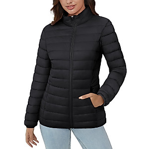 MAGCOMSEN Womens Black Jackets Ultra-light Puffer Quilted Winter 4 Pockets Long Sleeve Full-zip Padded Coat, Black XXL