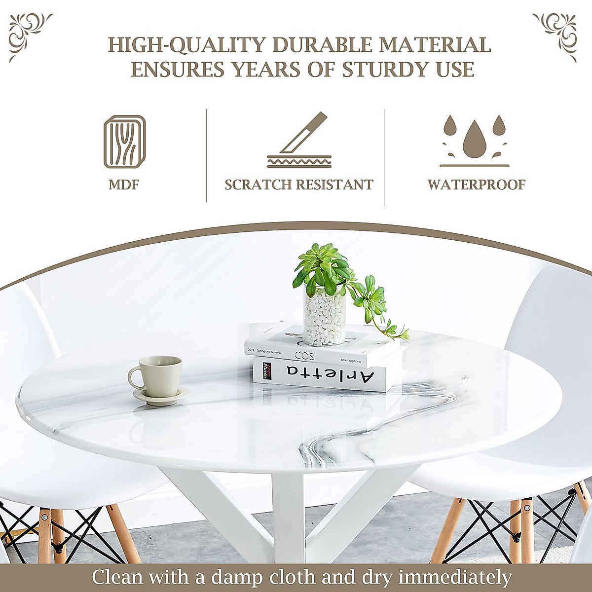 Modern Round Marble Dining Table 42.12" with MDF Table Top & Pedestal Base, Mid-Century White Kitchen Table Leisure Coffee Table Office Living Room Table