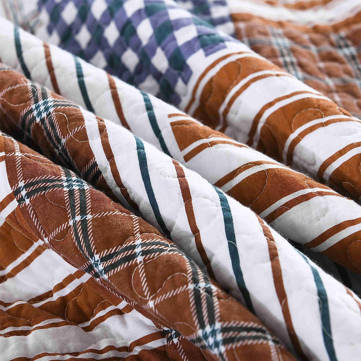 Cinefoso King Size Quilt Set, Brown Blue Striped Bedding Set, Reversible Lightweight Quilt Bedspreads for All Season, 3-Piece