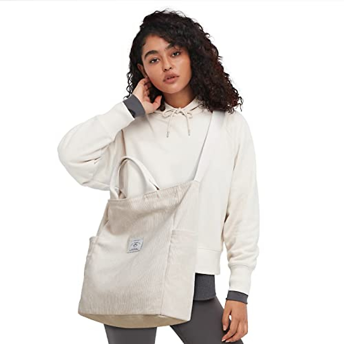 KALIDI Corduroy Tote Bag, Large Zipper Messenger Bag Shoulder Hobo Crossbody Bag Casual Work Colledge Shopping Women Beige