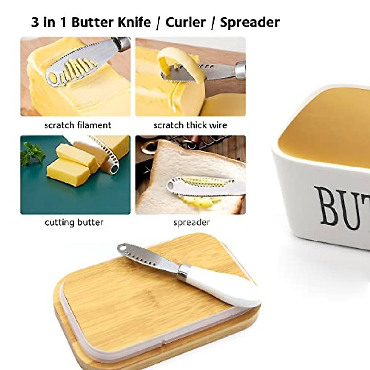 Lovelyduo Large Butter Dish with Lid for Countertop Ceramics Butter Keeper Container with Knife High-quality Double Silicone for Kitchen, Farmhouse, Fridge, Gift Rectangle White