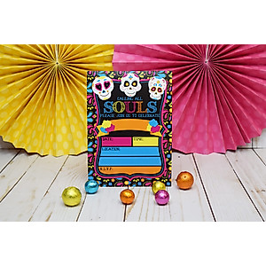 Sugar Skull Day Of The Dead, Dia De Los Muertos, Colorful Halloween Birthday Party Invitations, 20 5x7 Fill In Cards with Twenty White Envelopes by AmandaCreation