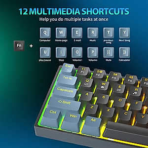 60% Percent Mechanical Gaming Keyboard, RGB Backlit 68 Keys Ultra-Compact Wired Keyboard with Detachable Type-C Cable, Full Anti-Ghost, Blue Switch Portable Mini Keyboard for Windows PC Mac Xbox Gamer