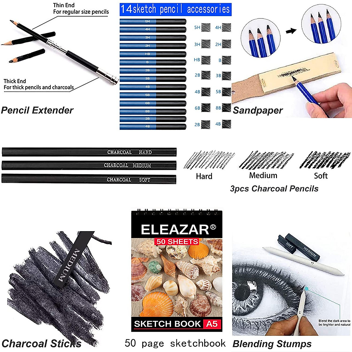 ELEAZAR35 Drawing Pencil Set in a portable zippered case (with 50-page A5 sketchbook) Includes sketching pencils and accessories for children, adults, beginners and professionals