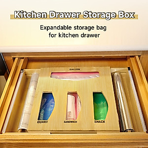 Ella & Emma Zip Lock Bag Organizer - Bamboo Zip Lock Bag Organization and Storage, Foil & Plastic Wrap Dispenser with Cutter, Expandable Kitchen Organization for Storage Drawers, 13.2 by 13.6 by 3 in