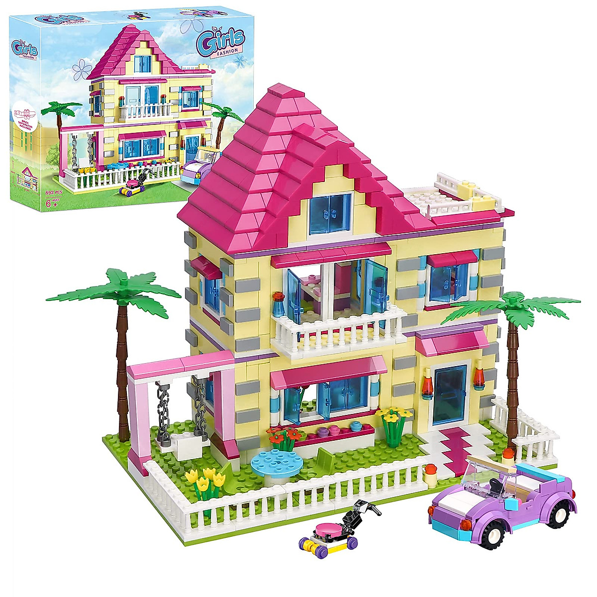 Finebely Dream Girls Friends House Building Set, Villa House Building Blocks Kit Included 4 Mini Toy Figures, a Buildable Car, Swing, for Girls Kids Aged 8 Years and Up, 892 PCS