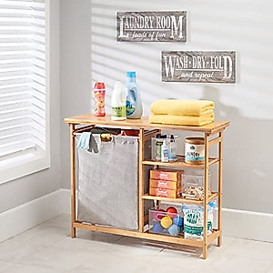 mDesign Bamboo Freestanding Laundry Hamper Basket Table - Storage Shelves for Folding Clothes and Organizing Detergent, Fabric Softener, Bleach, Dryer Sheets - Echo Collection - Natural
