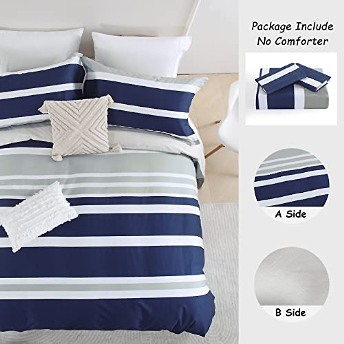 Bedduvit Striped Queen Duvet Cover - 100% Cotton Duvet Cover Queen Size,3 Piece Navy Duvet Cover Queen,Simple Modern Queen Duvet Cover with Zipper Closure & 8 Ties (90"x90", No Comforter)