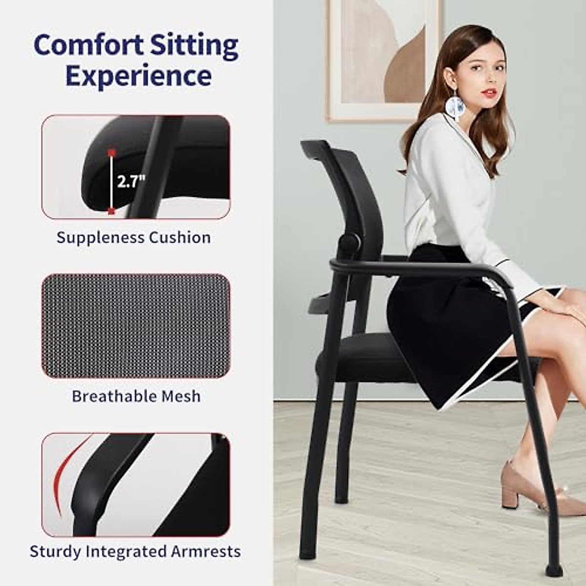 KLASIKA Desk Chair No Wheels with Adjustable Mesh Backrest, Arm Chair with Ergonomic Lumbar Support and Thickened Seats Cushion, Waiting Room Chairs for Office School Church Guest Reception, 2PACK