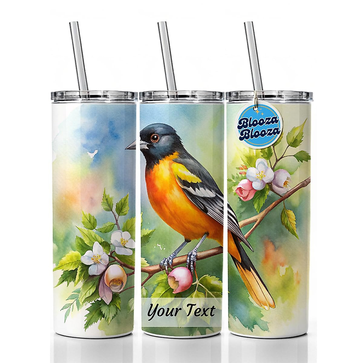 Personalized Custom Name Text Oriole In Tree Bird Watercolor Skinny Tumbler 20oz with Straw Insulated Water Bottle Gift - 1 Line Horizontal