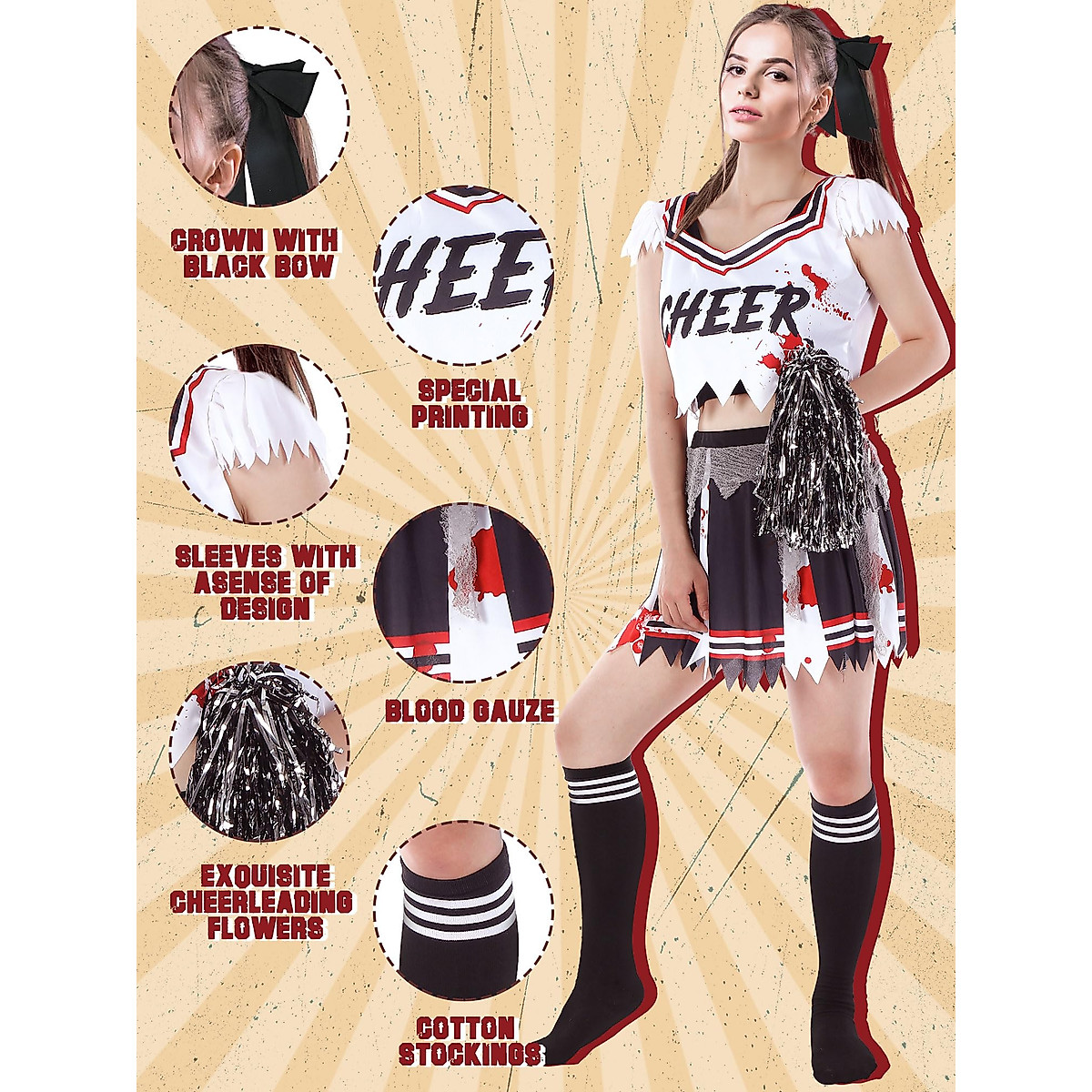 Xtinmee Halloween Zombie Cheerleader Costume for Women Girls Scary Cheerless Bloody Dress Pom Poms Hair Ropes Striped Socks (XL)