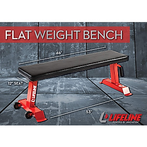 Lifeline Flat Weight Bench Heavy Duty 11-Gauge Steel with Transport Wheels and Handle for Home Gym Workouts