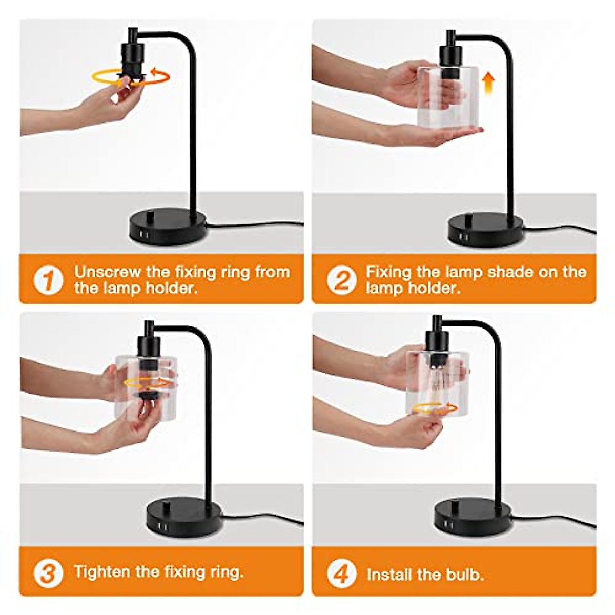 yotutun - Set of 2 Industrial Table Lamps with 2 USB Port, Black Bedside Lamps, Fully Dimmable Nightstand Desk Lamp for Reading Bedroom Living Room, Glass Shade & 2 LED Bulbs Included