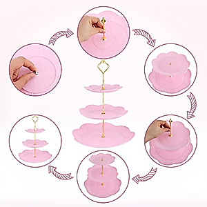 4 Packs 3 Tier Cupcake Stand Plastic Macaroon Stand Round Plastic Dessert Display Serving Tray Reusable Tea Party Stand for Wedding Birthday Tea Party(White, Pink)