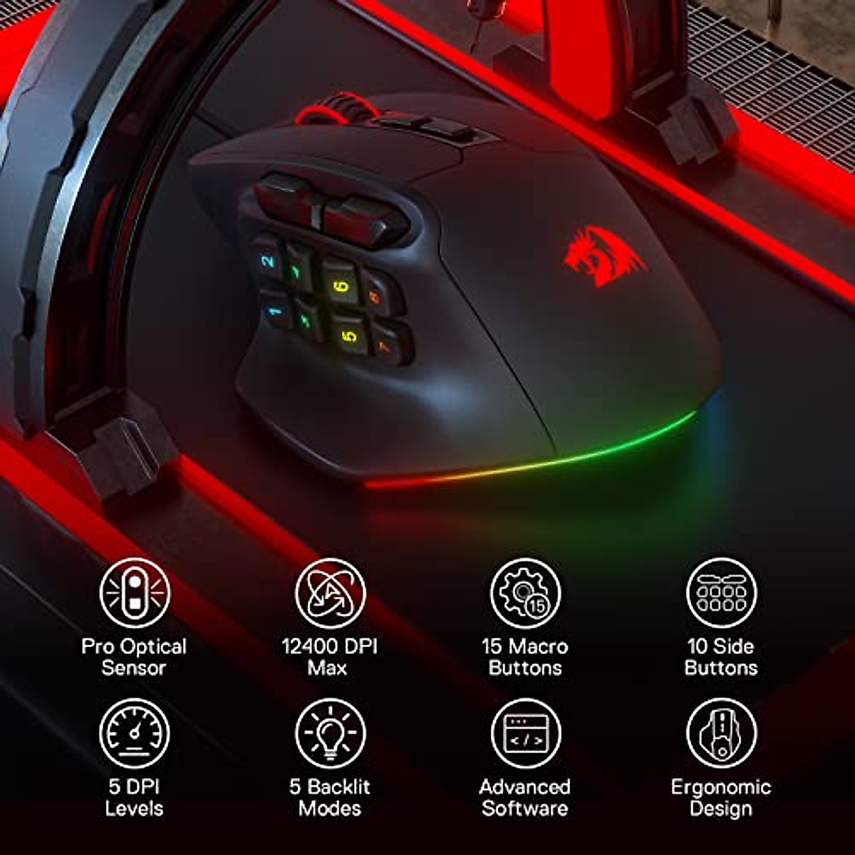 Redragon M811 Aatrox MMO Gaming Mouse, 15 Programmable Buttons Wired RGB Gamer Mouse w/Ergonomic Natural Grip Build, 10 Side Macro Keys, Software Supports DIY Keybinds & Backlit