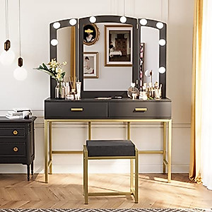Semiocthome Black Vanity Desk with Mirror and 10 LED Lights, Makeup Vanity with 2 Drawers and Chair, Girls Vanity Set with 3pcs Mirror and Stool, Dressing Table with Gold Metal Frame for Bedroom