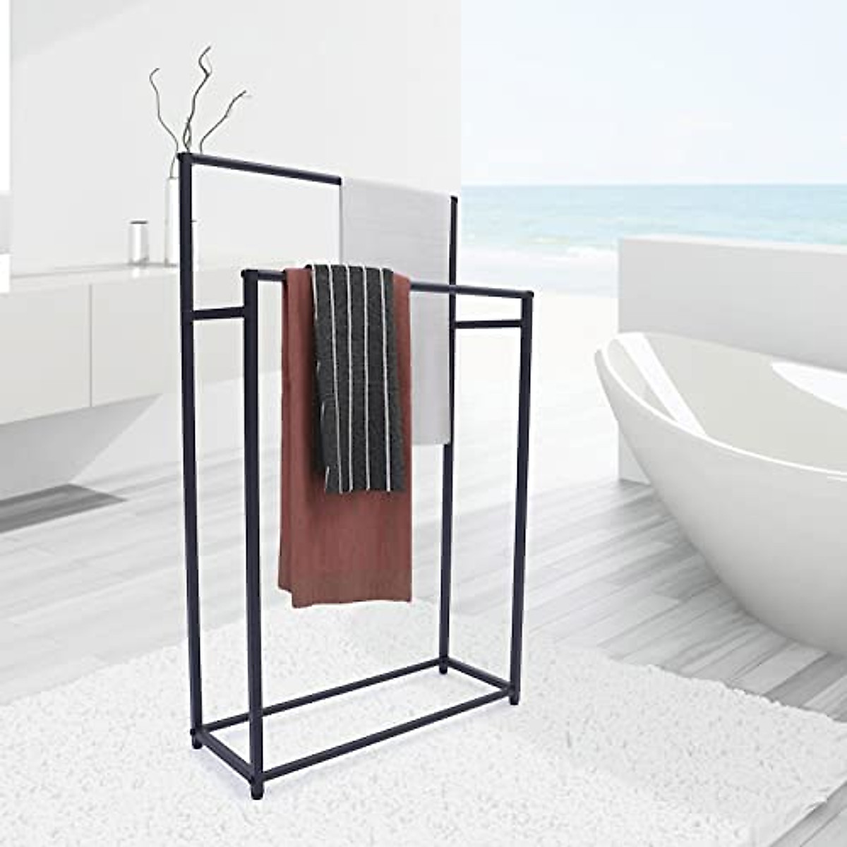 Gdrasuya10 Freestanding Towel Rack, 2-Tier Metal Towel Organizer Stand Floor Standing Towel Rack for Bathroom Pool Indoor Outdoor, 23.6 x 8.7 x 39.4 Inch