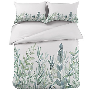 Yun Nist King 4 Piece Bedding Set Summer Eucalyptus Leaf Green Leaves,Soft Breathable Duvet Cover and Pillowcase,Country Farm Plants on White Washable Bed Sheets for Bedroom Dormitory Guest Room
