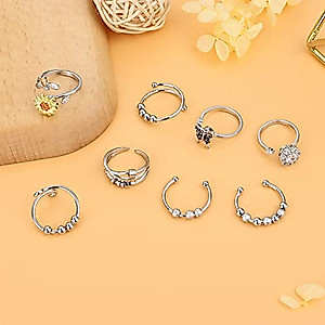 THUNARAZ 8 Pcs Silver Fidget Anxiety Rings for Women Adjustable Sunflower Butterfly Spinner Rings for Anxiety Rotatable Fidget Bead Ring for Stress Relieving with Box