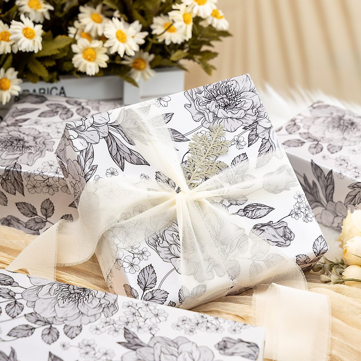Homeral Shimmer Floral Gift Wrapping Paper Roll-46.8 sq.ft. Black and White Pearly Luster Vintage Flower for Wedding, Birthday, Baby Shower, Anniversaries, Party-17 Inch x 33 Feet